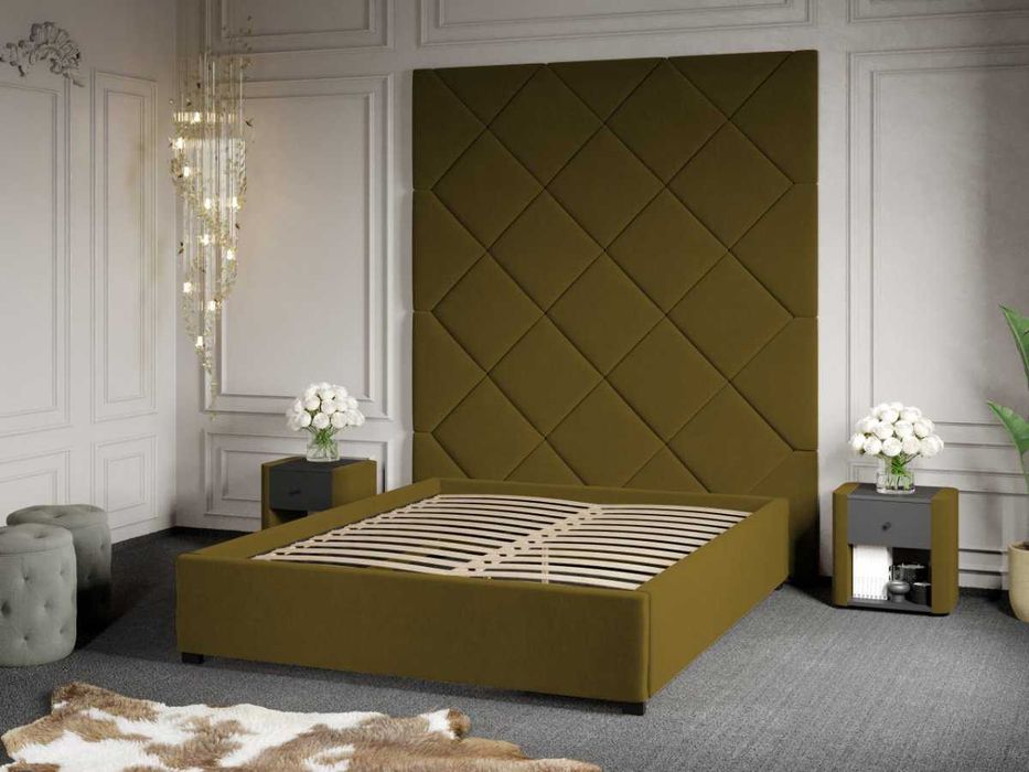 Pat Tapitat cu Panou Inalt C1 Dubai Verde Velluto 35 cu somiera fixa ...