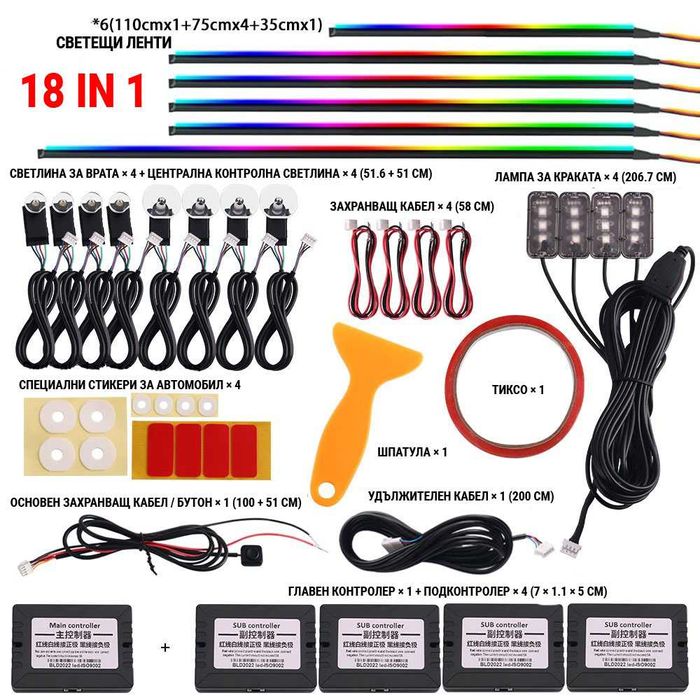 RAINBOW LED амбиентно осветление за автомобили с RGB 256 цвята, 18 в 1 гр. Асеновград • OLX.bg