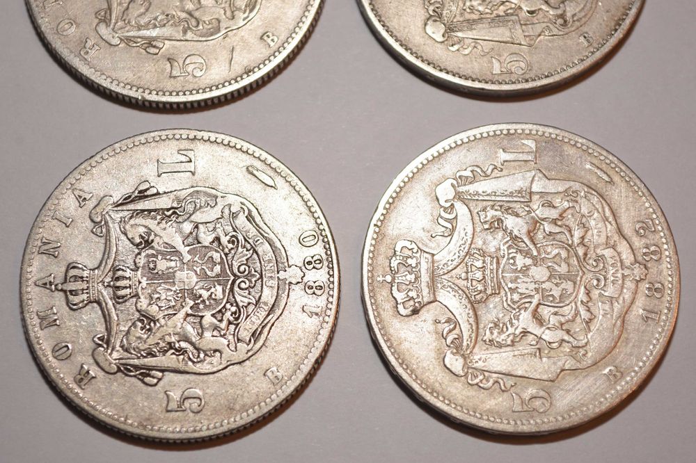 Set monede 5 lei, argint, din anii: 1880, 1881, 1882, 1883. Bucuresti ...