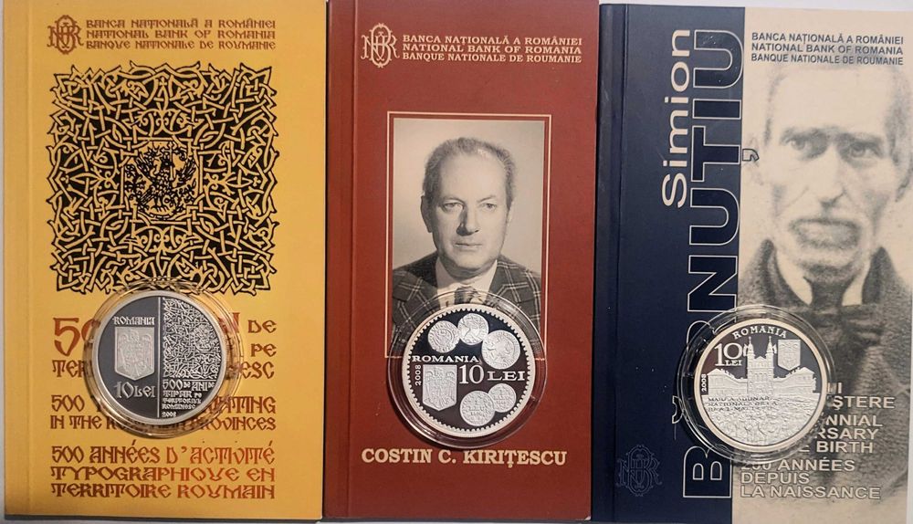 Monede argint 10 lei 2008 BNR Tipar Dealu, C Kirițescu și S Bărnuțiu ...