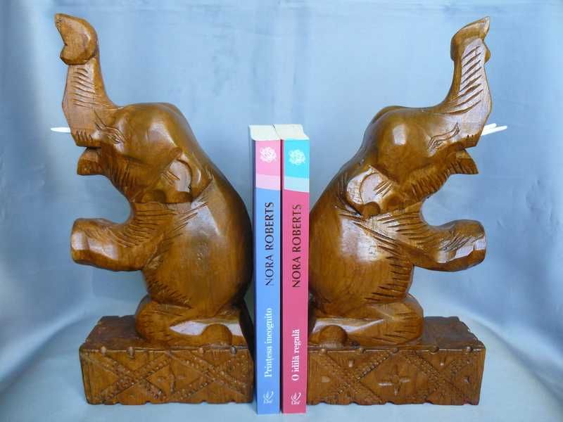 Sculptura Statueta 2 Elefanti suport opritor carti lemn Tec Thailanda ...