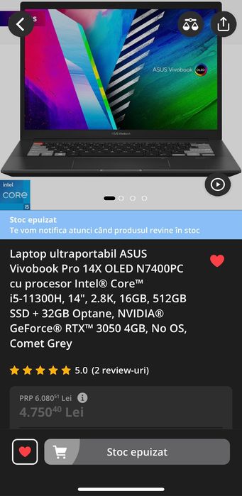 Laptop ASUS Vivobook Pro 14X OLED N7400PC cu garantie Emag Satu Mare ...