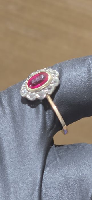 Inel Vintage Aur 14K cu 10 Diamante și Rubin – Certificat Gemologic ...