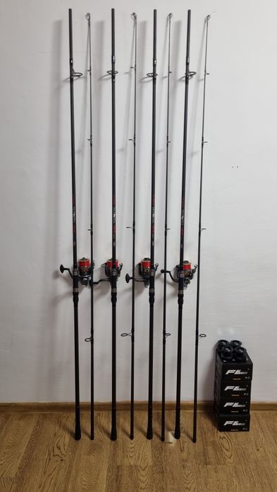 SET 4 Lansete FL PAROSSA 3,90m din 2 Segmente + 4 Mulinete FL EFB6000 ...