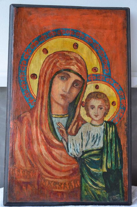 Icoana veche anii 1900 Fecioara Maria si Pruncul Isus / antica Sfantu ...