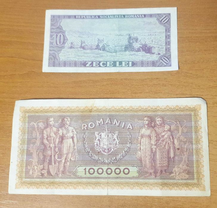 Bancnote vechi romanesti de 10 lei si 100.000 lei, anii 1966 si 1947 ...