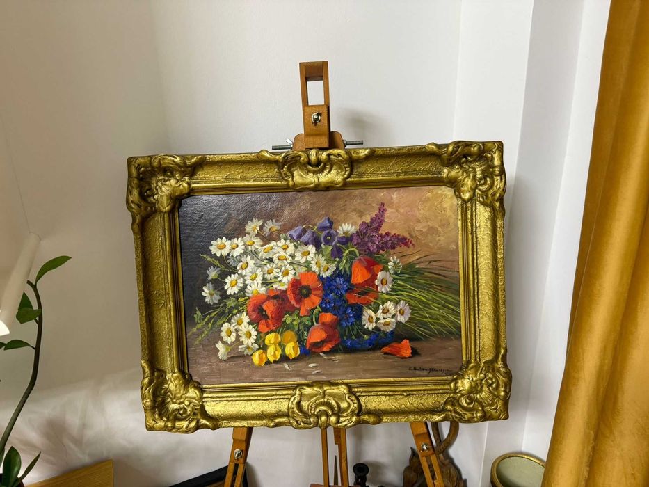 Tablou vechi in ulei pe placaj Elena Muller Stancescu (rama originala ...