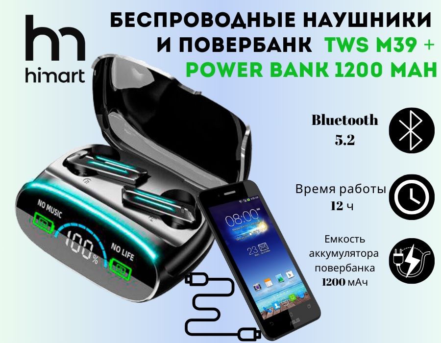 Беспроводные Наушники и Повербанк TWS M39 + Power Bank 1200 mAh: 89 000 ...