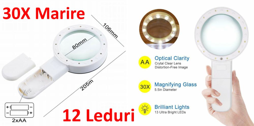 Lupa Profesionala cu marire 30X + 12 leduri pentru iluminarea noaptea ...