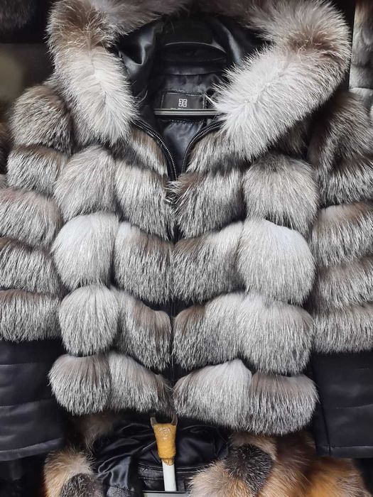 Blana naturala lux vulpe polara 4 in 1 noua argintie gri cu gluga ...