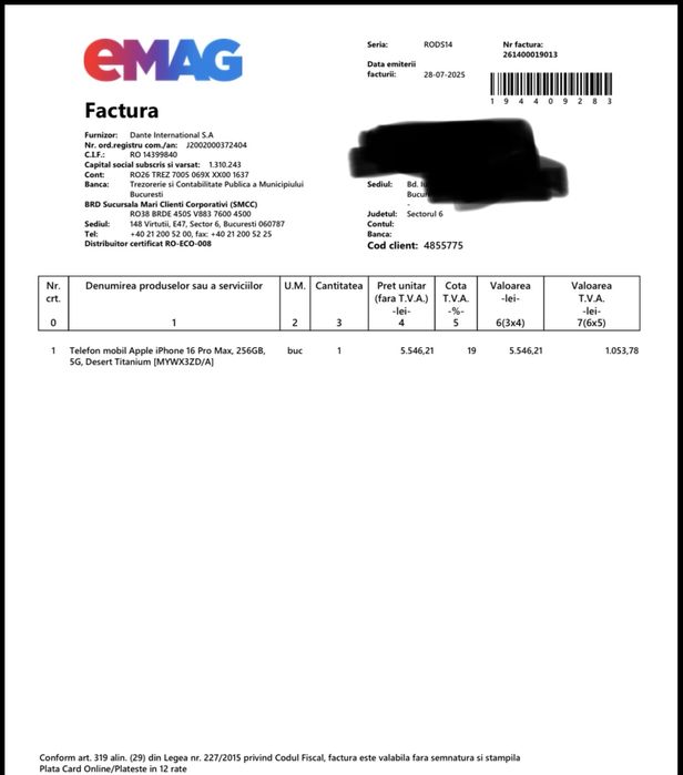 Iphone 16 pro max 256gb garantie emag 27.07.2027 Bucuresti Sectorul 6 ...