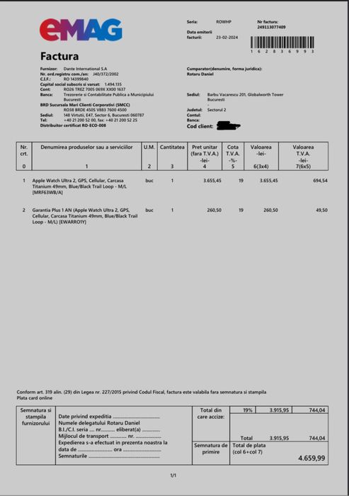 Apple Watch Ultra 2, GPS, Celluar, Titanium 49mm, Curea M/L Bucuresti ...