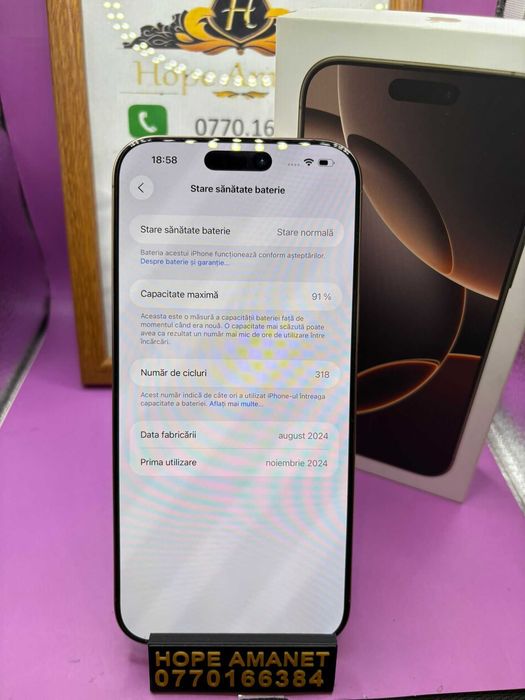 HOPE AMANET P2-Iphone 16 pro max la cutie 256 GB/91%-318 cicl Bucuresti ...