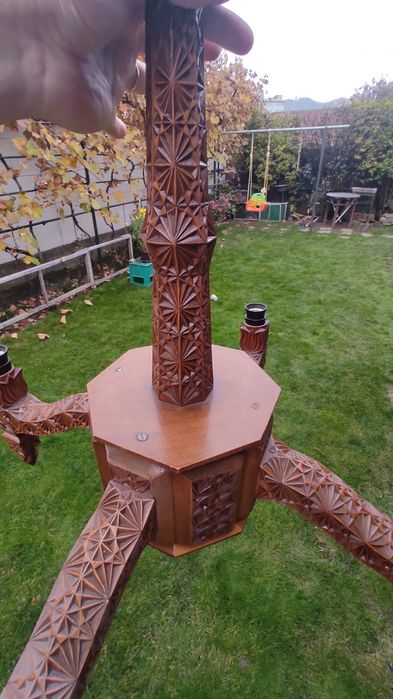 Candelabru vintage/ retro/ rustic din lemn sculptat (lampa, lampadar ...