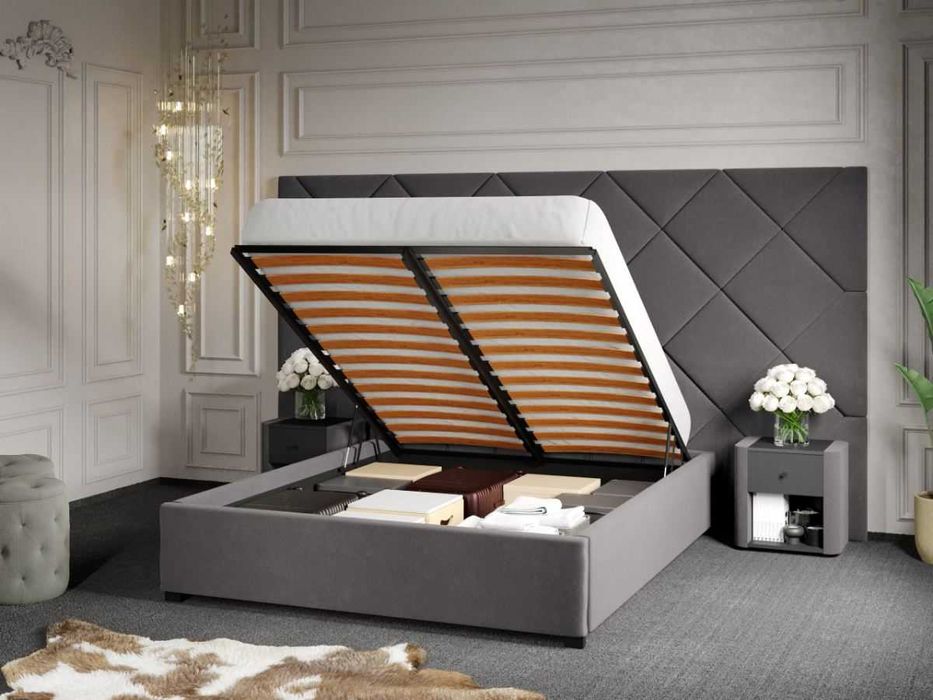 Pat Tapitat cu Panou Inalt C4 Dubai Gri cu somiera rabatabila+lada ...