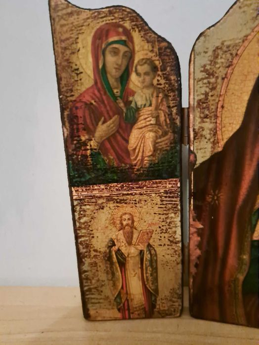 Icoană veche pictată manual pe lemn Maica Sfântă pruncul Isus Hristos ...