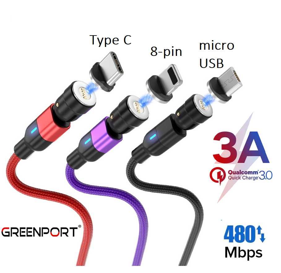 3А бързо магнитно зарядно магнитен кабел Type C, USB трансфер на данни ...