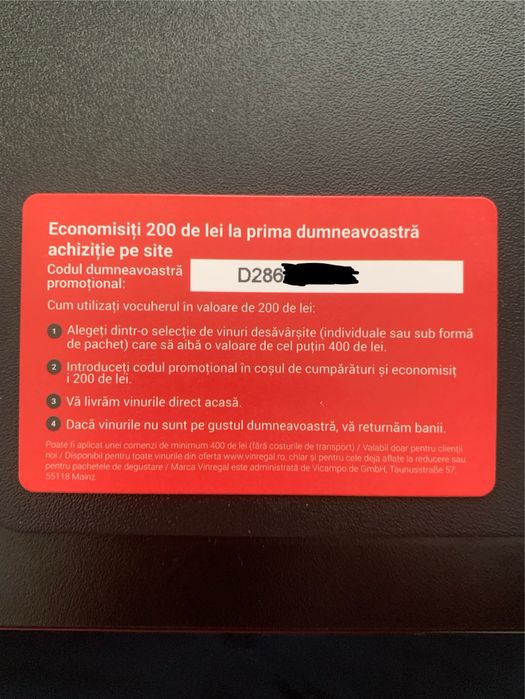 Card reducere 200 RON la cumparaturi de 400 RON pe vinregal Iasi • OLX.ro