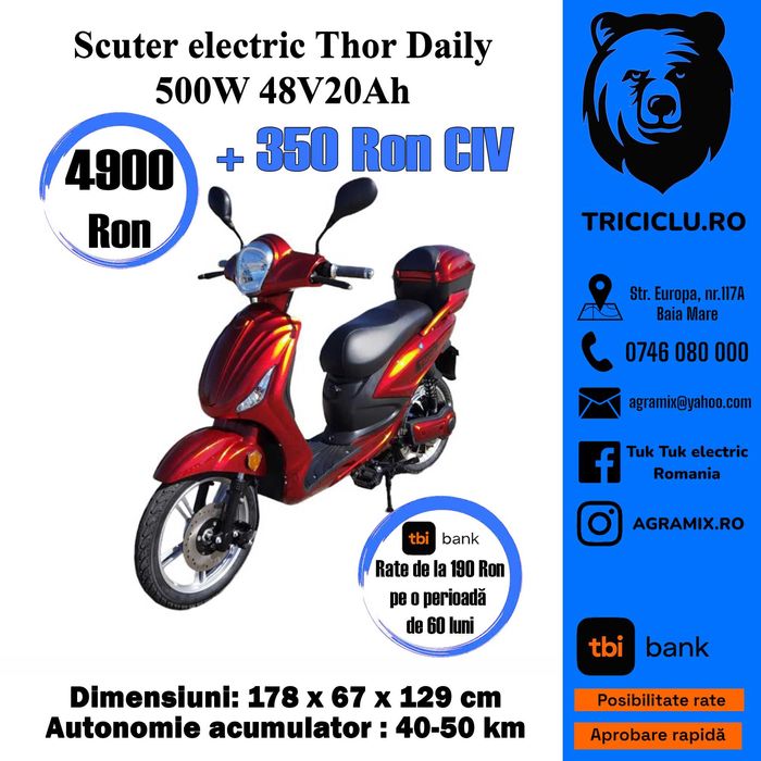 Scuter electric THOR Daily 500 W fara permis rosu maro alb noi Agramix ...