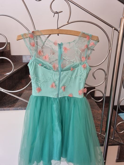 Rochie noua Starshiners de ocazie babydoll scurta turcoaz cu flori roz ...