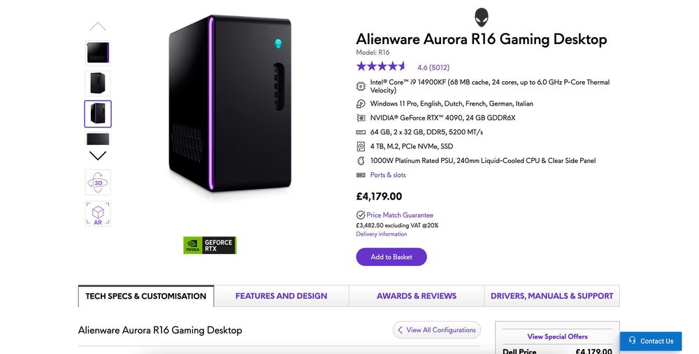 Alienware Aurora R16 Gaming Desktop,i9,14900KF,Nvidia 4090,24 GB,64 GB ...
