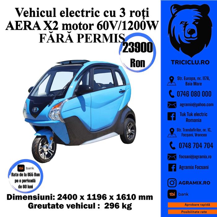 Vehicul electric cu 3 roti model AERA X2 motor 1200 W fara permis ...
