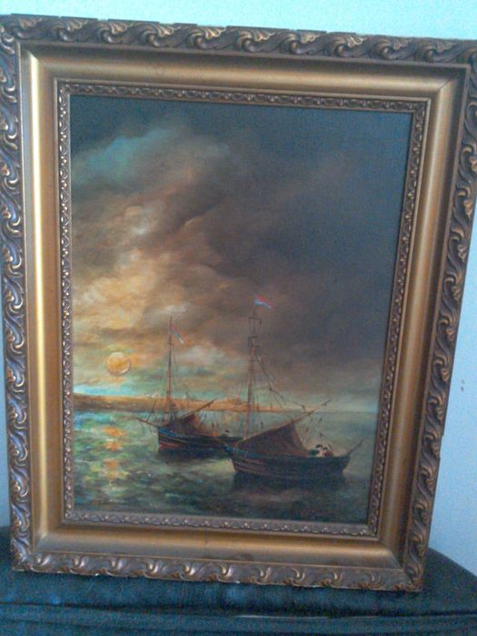 Tablou vechi marină, semnat, ramă lemn epocă - ulei/pânză Bucuresti ...