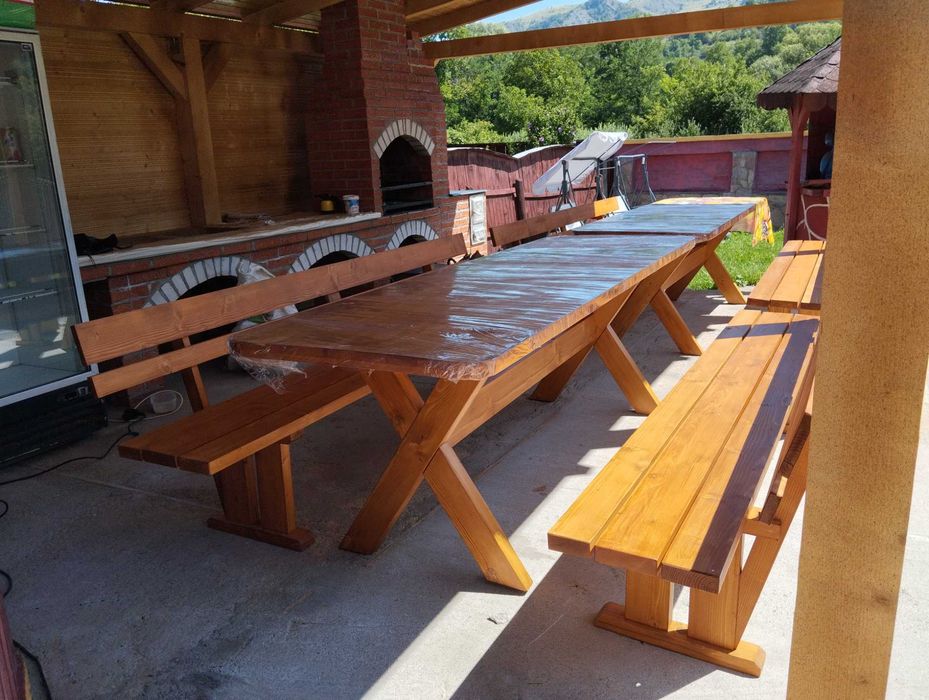 Set mobilier pentru gradina 2.5 m lemn masiv - masa si banci exterior ...