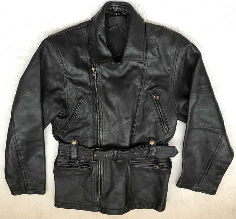 Geaca neagra barbati piele naturala 5 buzunare rock moto chopper biker ...