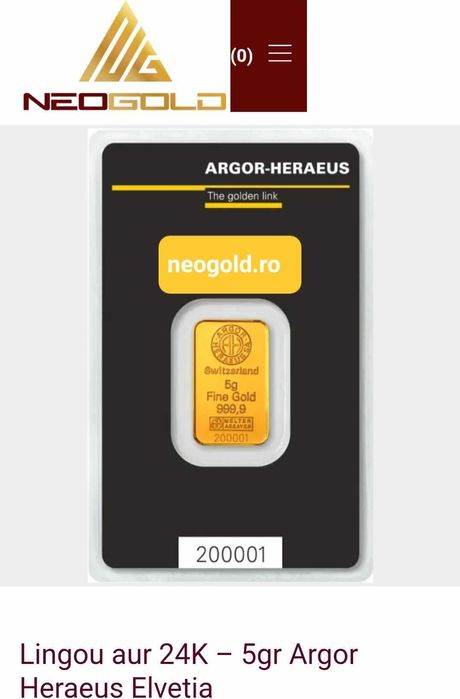 Lingou aur 24k 5 grame Argor Heraeus Elveția NEOGOLD.RO Bucuresti Sectorul 1 • OLX.ro