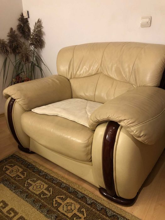 Canapea piele naturală + fotoliu Fagaras • OLX.ro