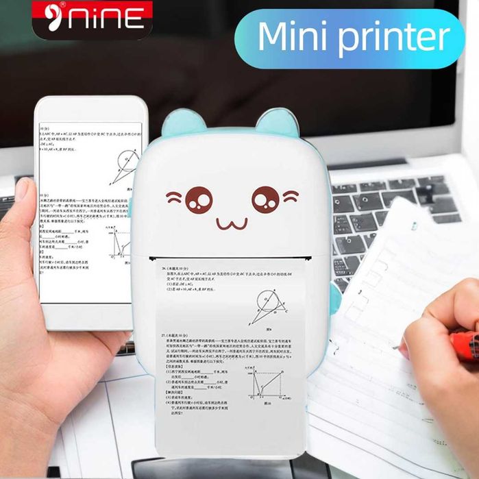 Мини принтер Cute Cat, Bluetooth, USB + 9 ролки хартия за мини принтер ...
