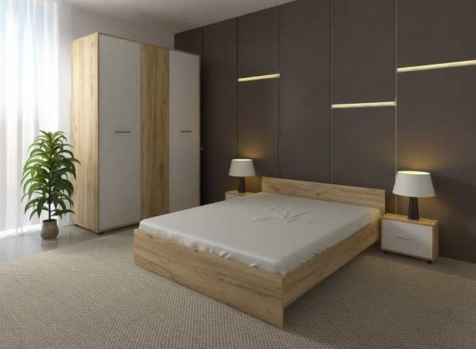 Dormitor Raio Alb/Venghe/Stejar - Pat 2 Noptier Dulap INT739 Nasaud • OLX.ro