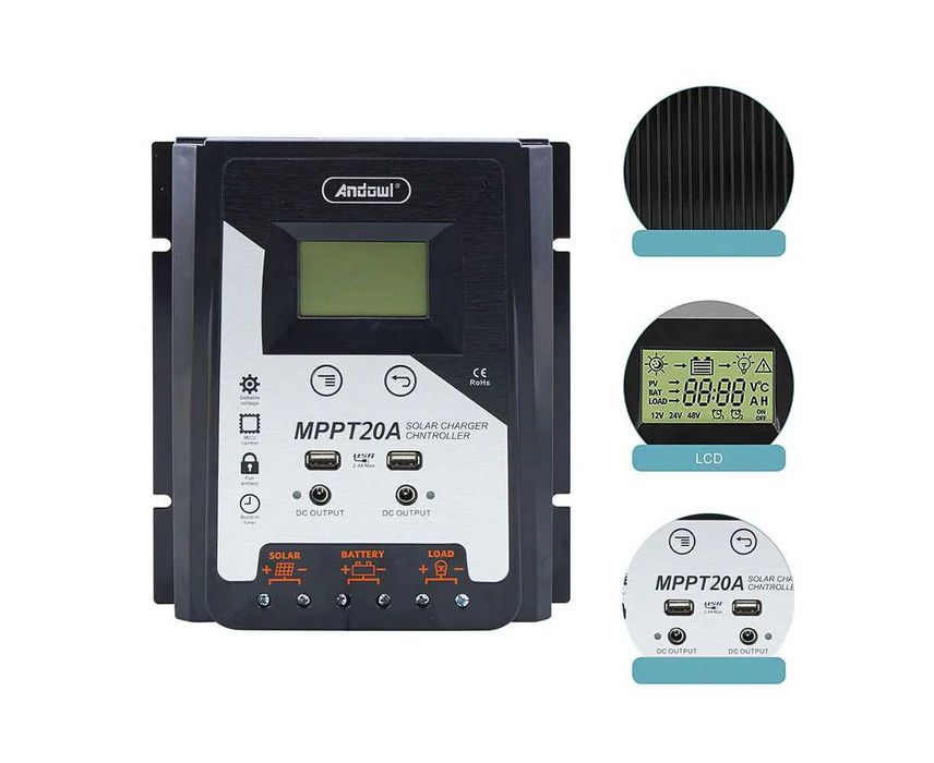 Controller tensiune panou solar 1224V, afisaj LCD, Incarcare: 20A ...