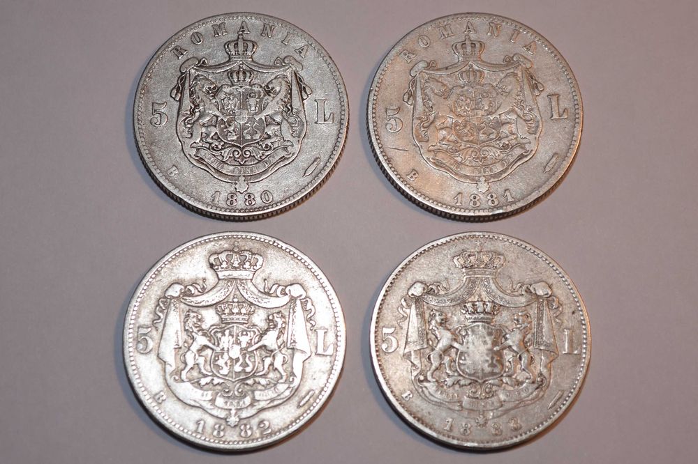 Set monede 5 lei, argint, din anii: 1880, 1881, 1882, 1883. Bucuresti ...