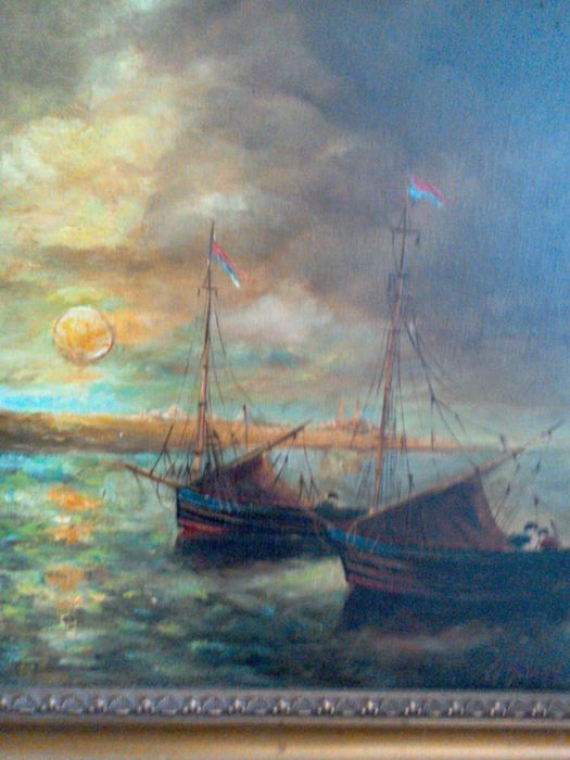 Tablou vechi marină, semnat, ramă lemn epocă - ulei/pânză Bucuresti ...