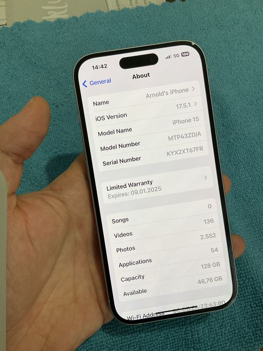 Apple iPhone 15, 128GB, 5G, Blue, Bat 100% 25 cicluri de incarcare ...