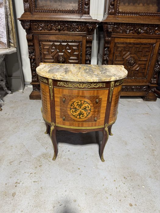 Comodina Louis XVI din lemn masiv, cu blat marmura, intarsii si bronz ...