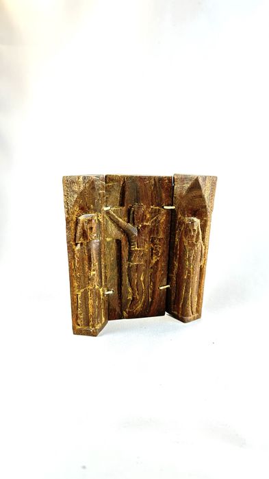 Triptic icoana in lemn sculptura semnata religioasa Isus veche Deva ...