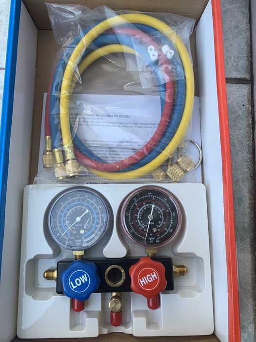 Baterie manometre freon r410a cu 3 furtunuri 1m cu ganituri teflon nou ...