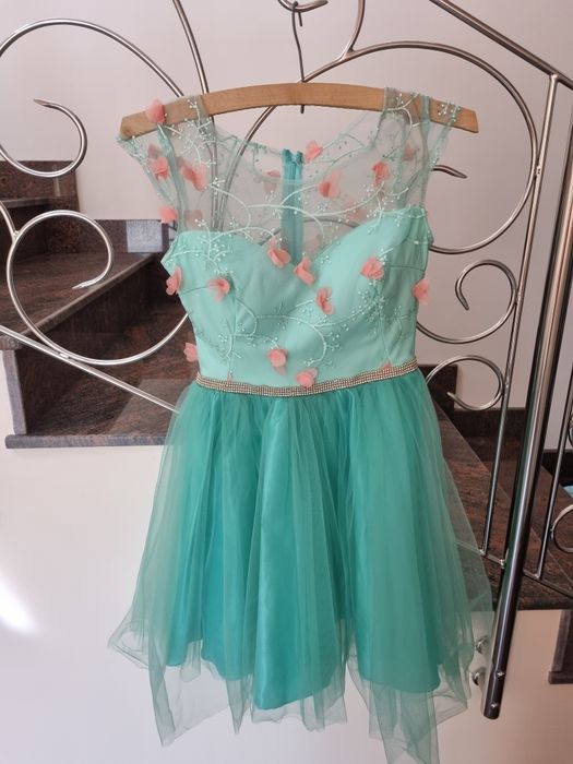 Rochie noua Starshiners de ocazie babydoll scurta turcoaz cu flori roz ...