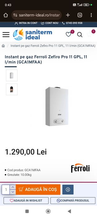 Instant Gaz Ferroli Zefiro Pro 11 - 19kw - 11l/min Oradea • OLX.ro