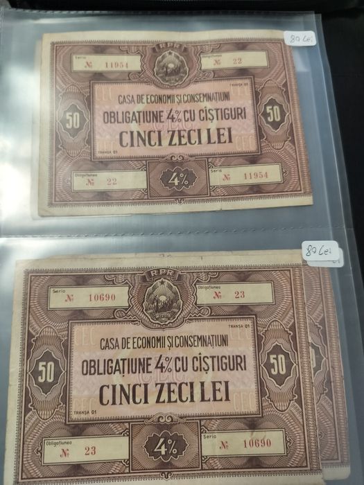 Obligatiuni rare,RPR 25 lei și 50 lei bancnote, bani vechi Lipova • OLX.ro