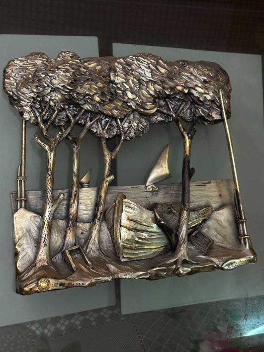 TABLOU ARGINT 800 - OTTAVIANI +Lemn +Cristal -Peisaj cu Barci -3D -58g ...