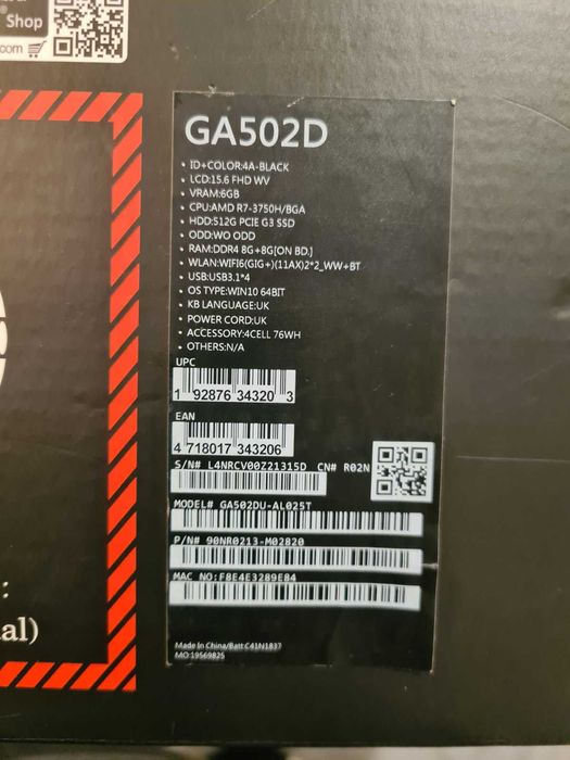 Лаптоп ASUS ROG Zephyrus G15 GA502 Ryzen 7 3750H 1660 Ti RAM 16GB гр ...