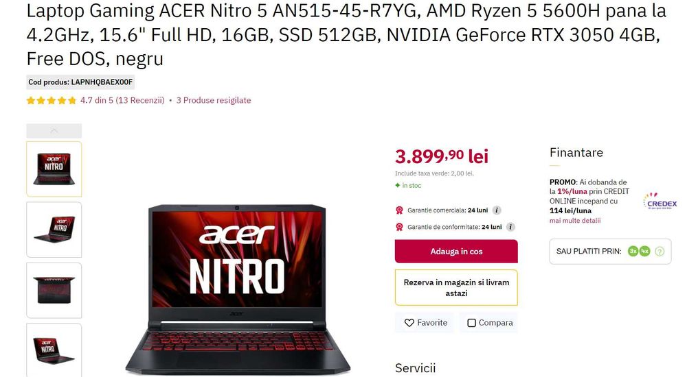 Laptop Gaming Acer, RTX 3050, Ryzen 5 5600H, 16GB RAM (garantie Altex ...