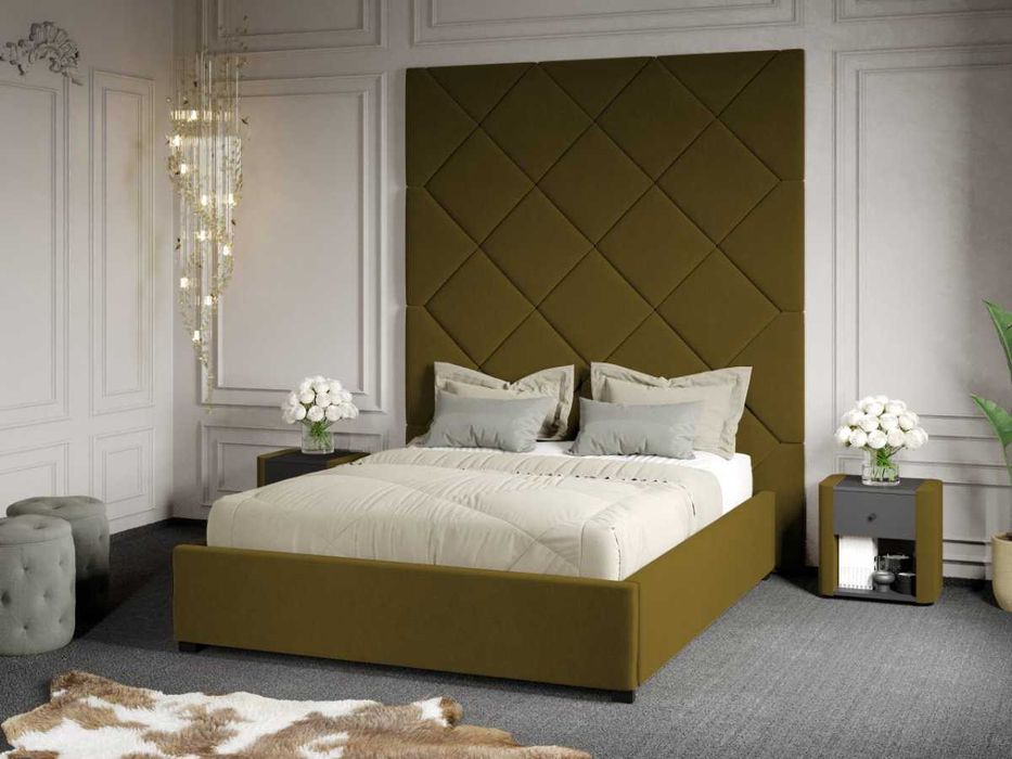 Pat Tapitat cu Panou Inalt C1 Dubai Verde Velluto 35 cu somiera fixa ...