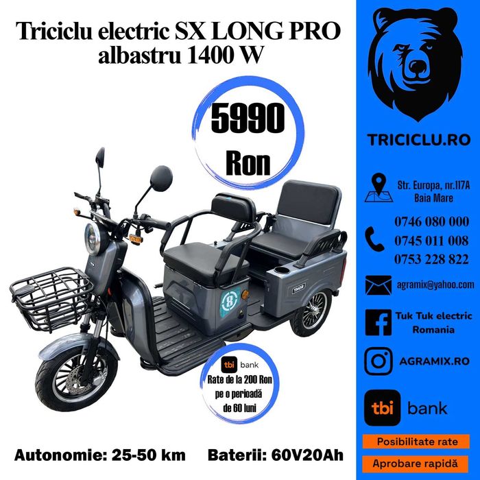 Triciclu electric THOR SX LONG PRO 1400 W 60V 20Ah FARA PERMIS NOU ...