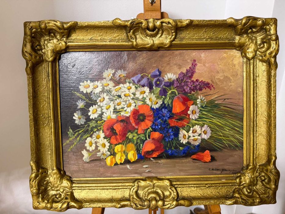 Tablou vechi in ulei pe placaj Elena Muller Stancescu (rama originala ...