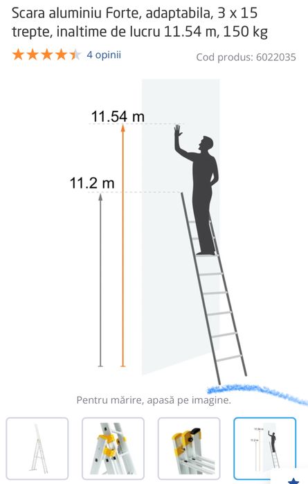 Scara mare, inalta, de aluminiu 3 x 15 trepte, inaltime de lucru 11m ...